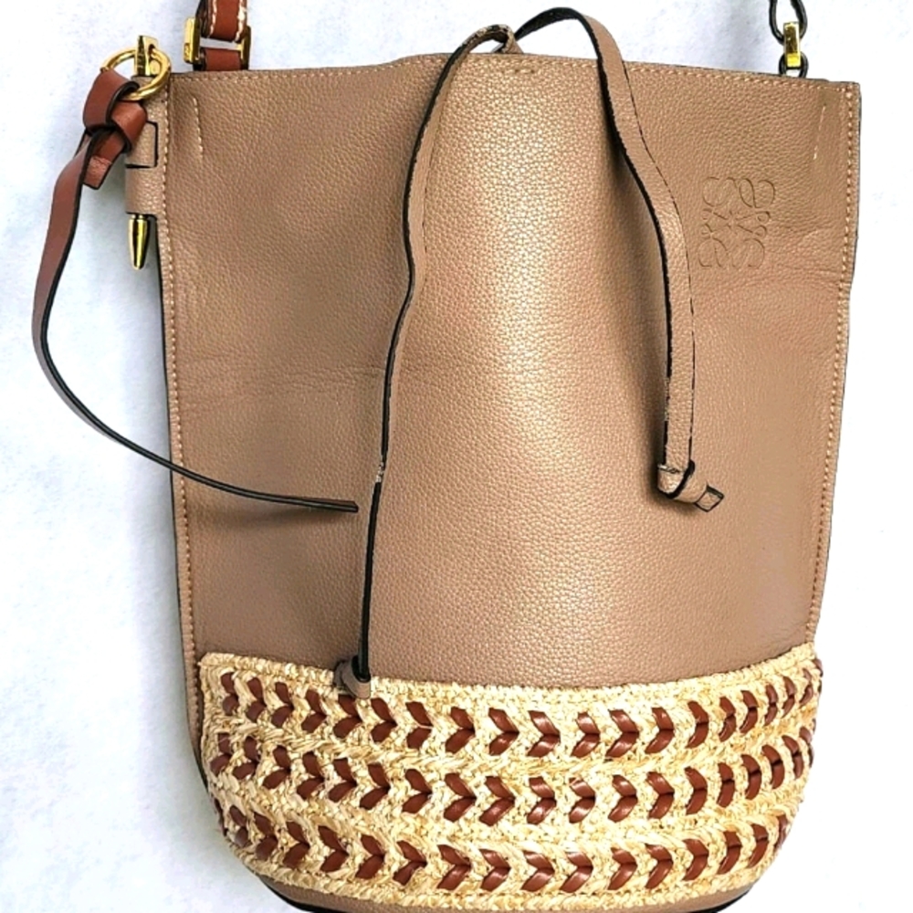 Loewe Calfskin Leather Raffia Gate Bucket Bag - Gem